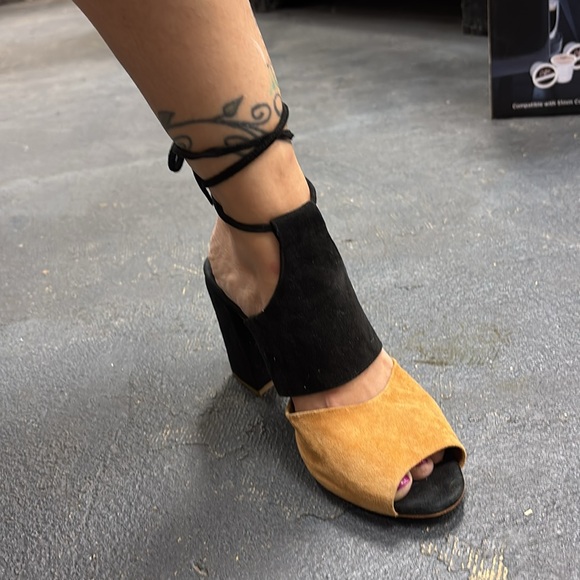 BY FAR | Shoes | By Far Handmade Black And Tan Wide Heels | Poshmark